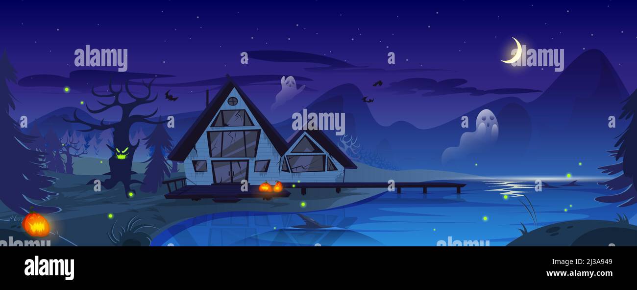 Halloween spooky illustration with old scary house, pumpkins, ghosts ...