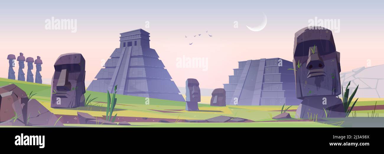 Ancient mayan pyramids and moai statues on Easter island sunrise ...