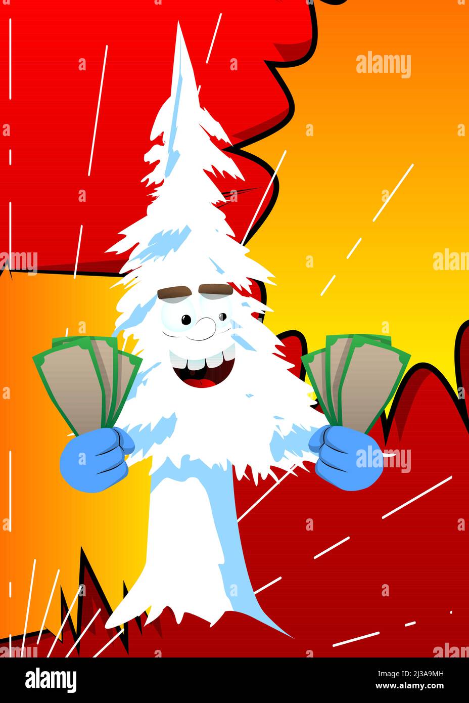 Cartoon winter pine trees with faces holding or showing money bills ...