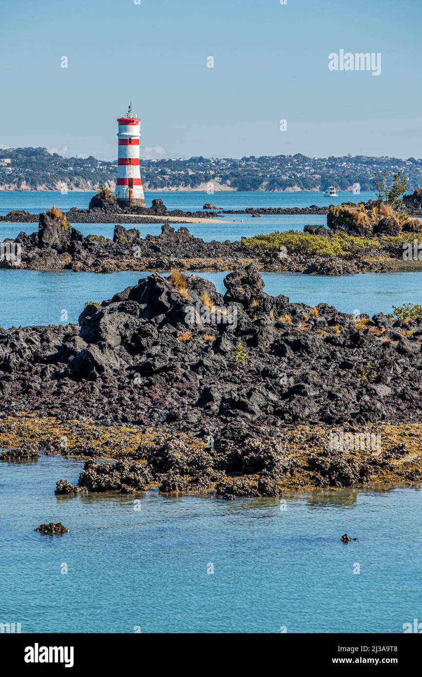 Lighthouse on Rangitoto Island, a volcanic island in the Hauraki Gulf ...