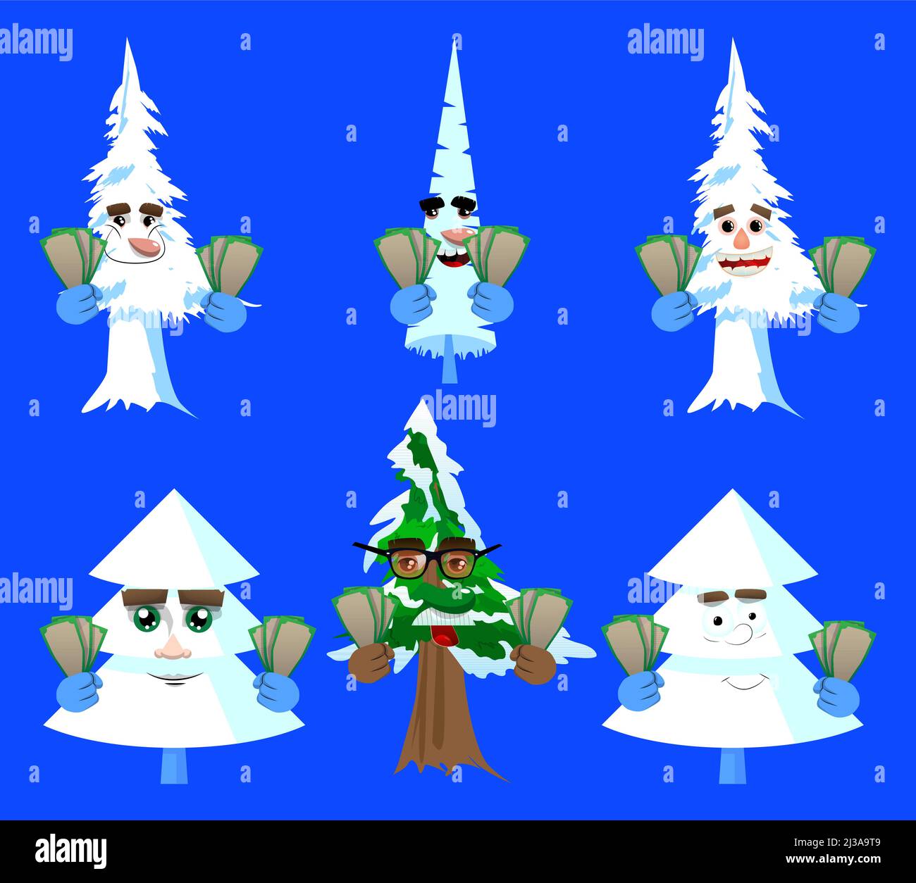 Cartoon winter pine trees with faces holding or showing money bills ...
