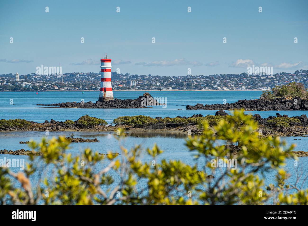 Lighthouse on Rangitoto Island, a volcanic island in the Hauraki Gulf ...