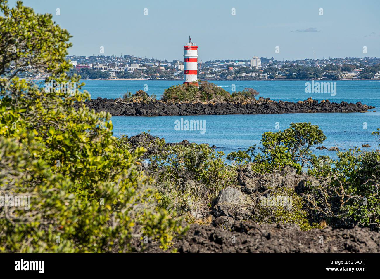 Lighthouse on Rangitoto Island, a volcanic island in the Hauraki Gulf ...