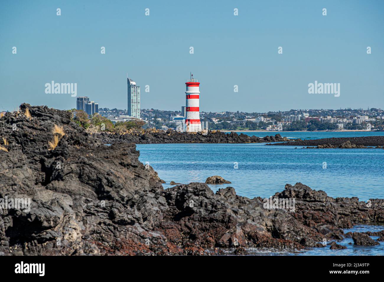 Lighthouse on Rangitoto Island, a volcanic island in the Hauraki Gulf ...