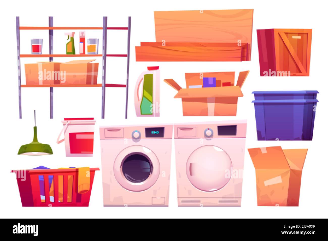 Laundry room equipment for wash and dry clothes. Vector cartoon set of ...