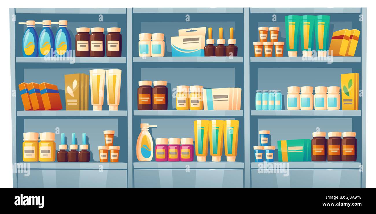Pharmacy shelves with medicines, drugstore showcase with pills ...