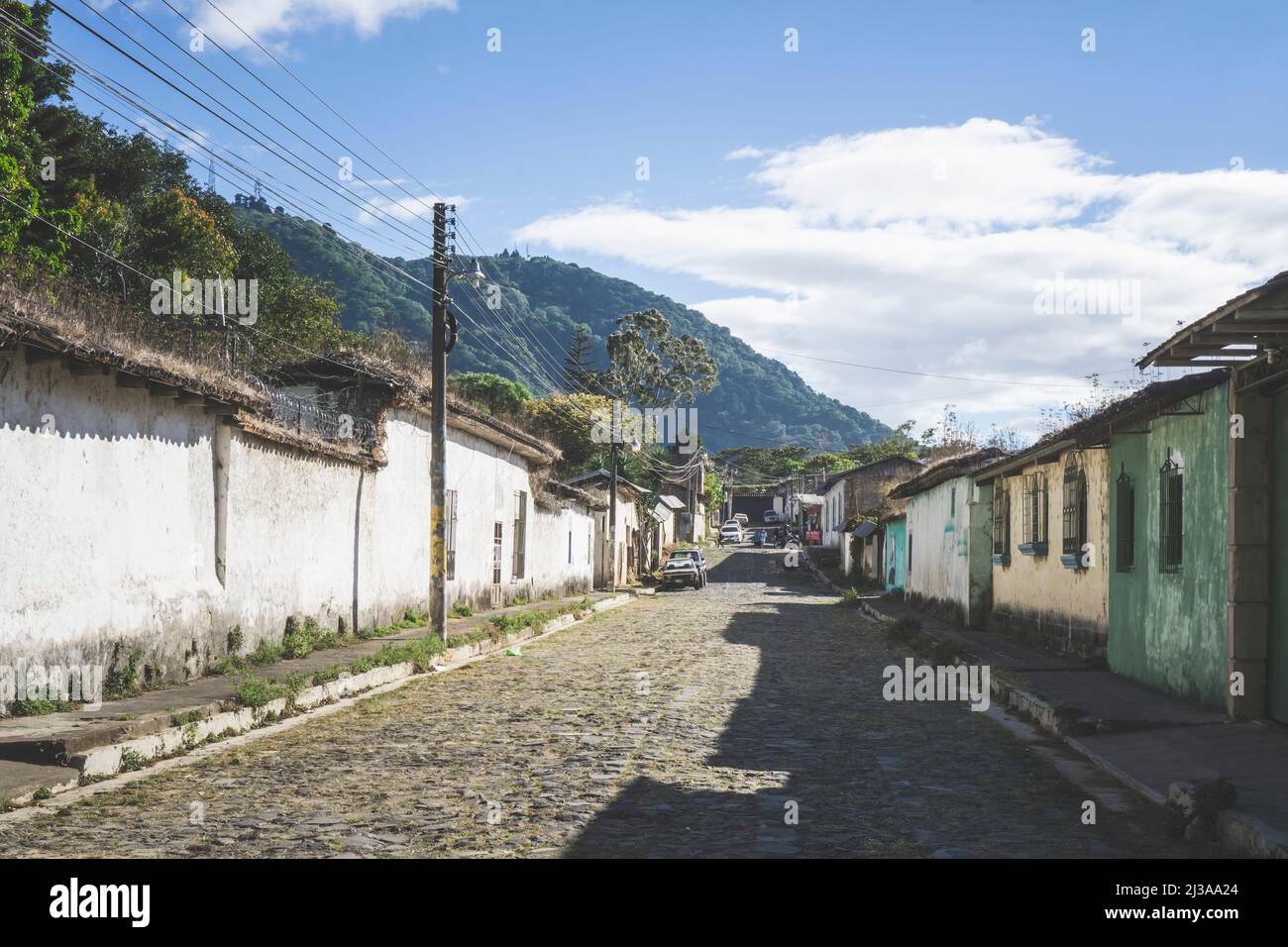Town of Ataco in Ruta de las Flores, El Salvador. Empty road with ...