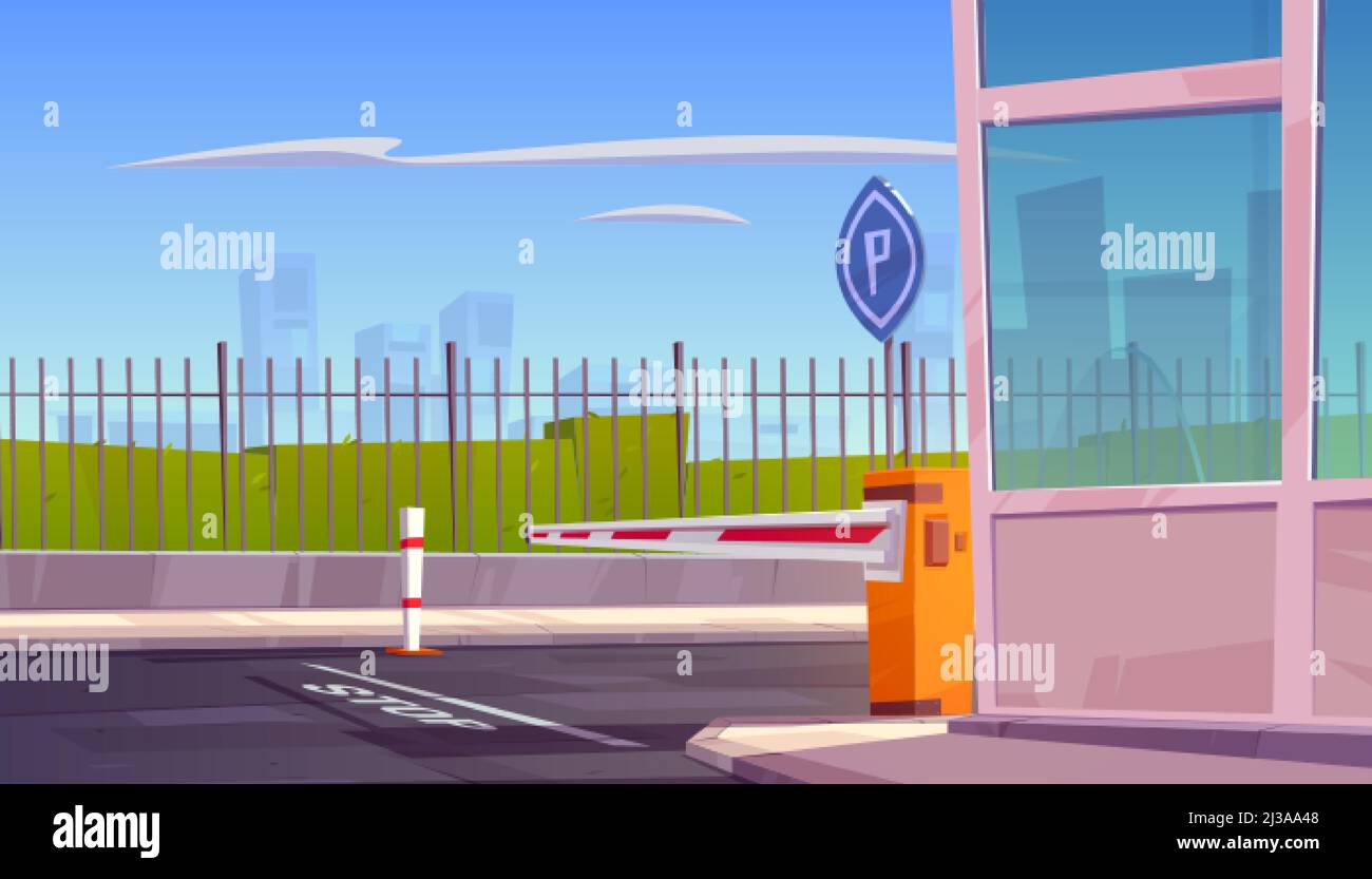 Parking security entrance with automatic car barrier, guardian booth ...