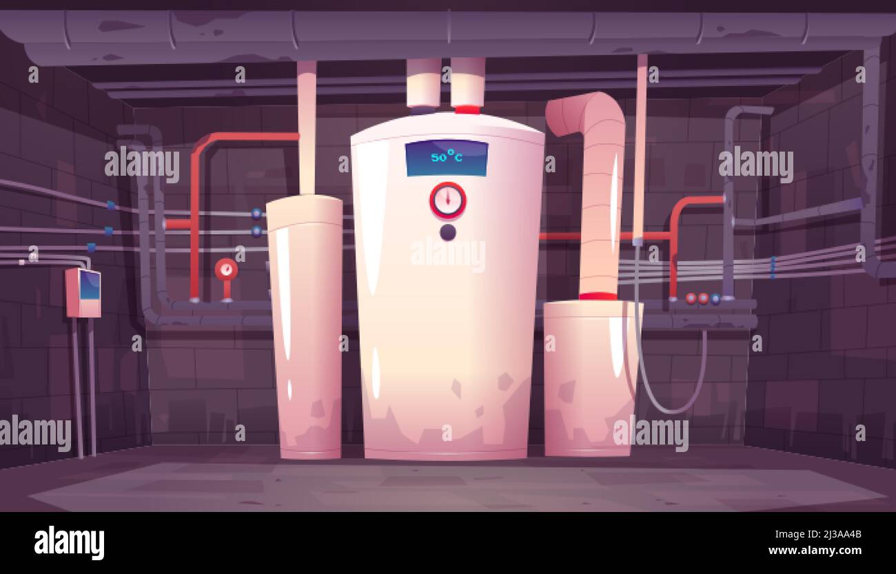 Boiler room, hvac with water heater, pipes and sensors on wall. Modern ...