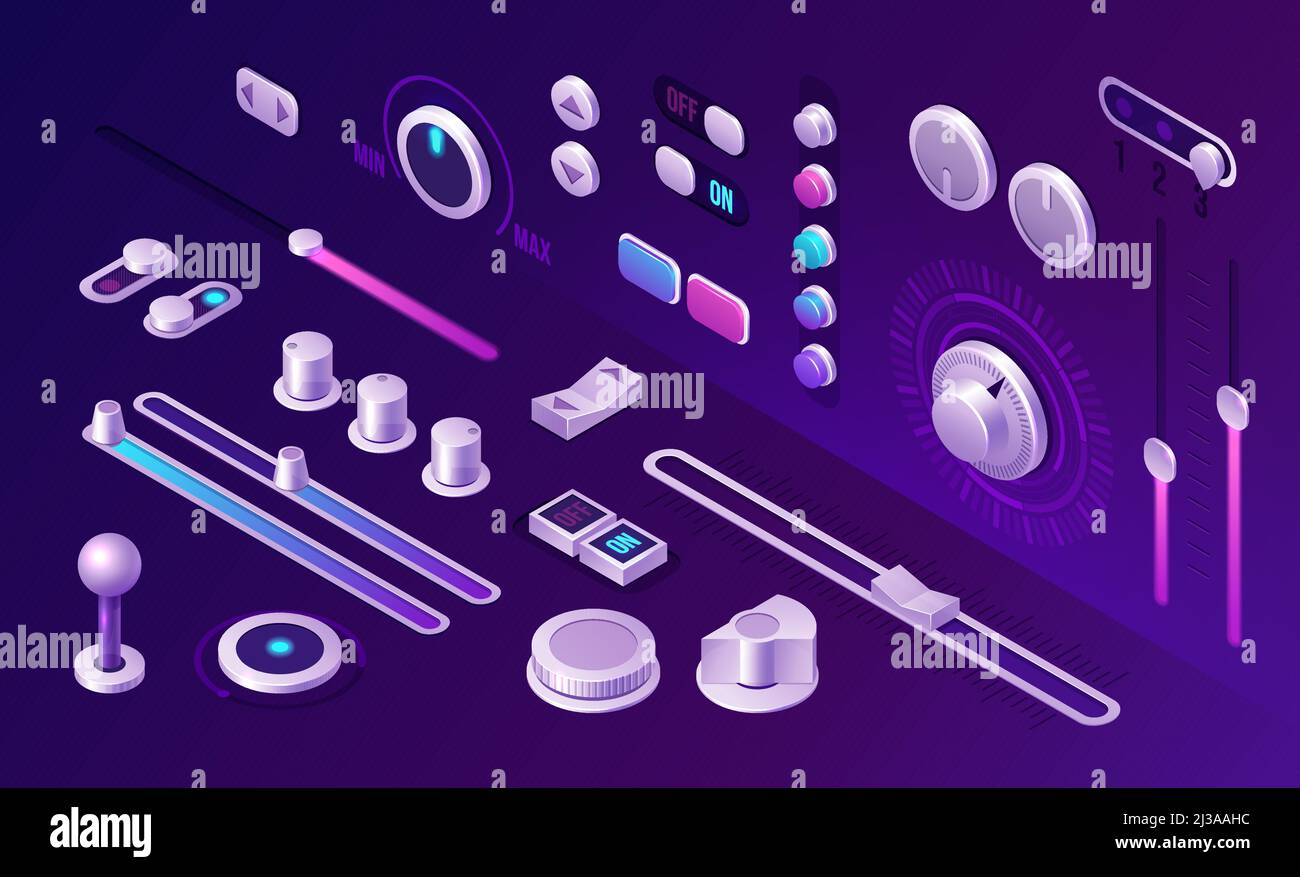 Isometric buttons, control panel interface elements for music player ...
