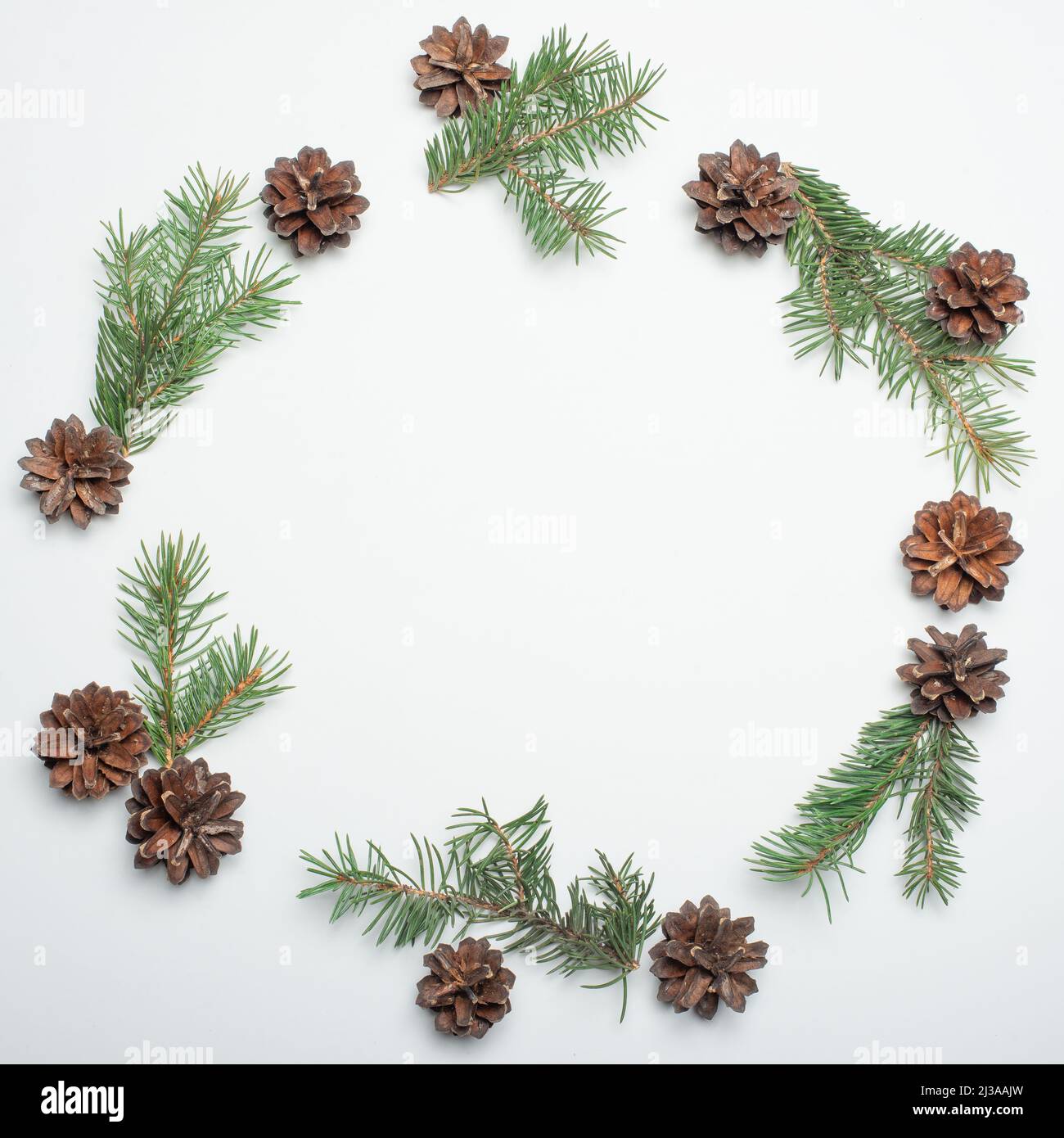 Christmas round frame made of natural winter things. Flat lay Stock ...