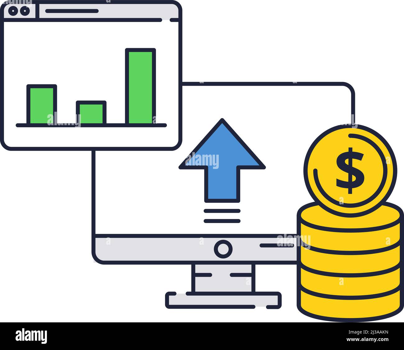 Statistic in chart and graph vector icon. Growth bar diagram and arrow ...