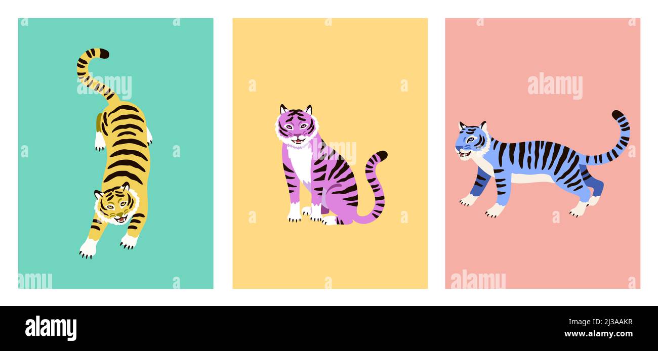 Set of posters with cute cartoon tigers isolated on white background ...