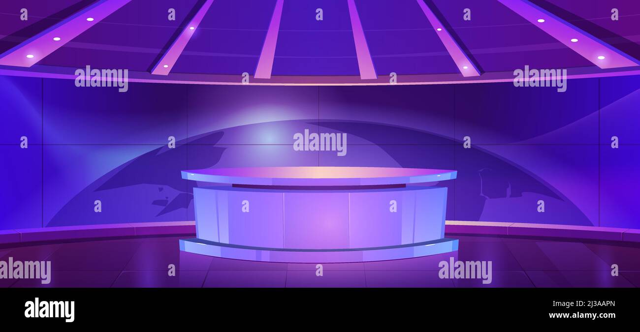 Tv news studio, television broadcast set room with round table and blue ...