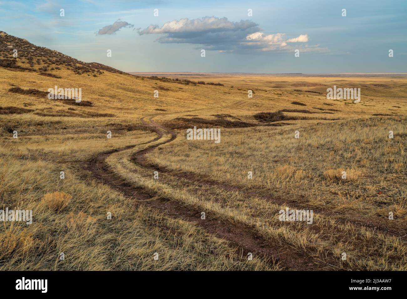 dirt ranch road in grassland in northern Colorado, early spring scenery ...