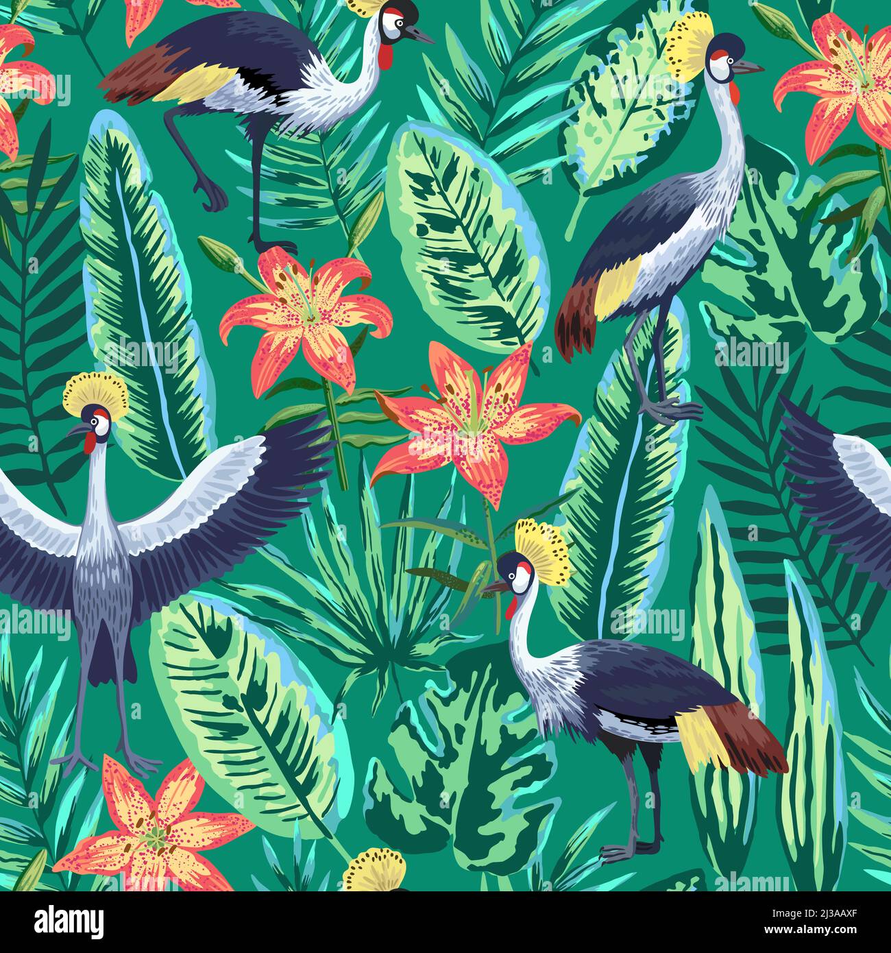 Vector seamless pattern with tropical jungle leaves and flowers and ...