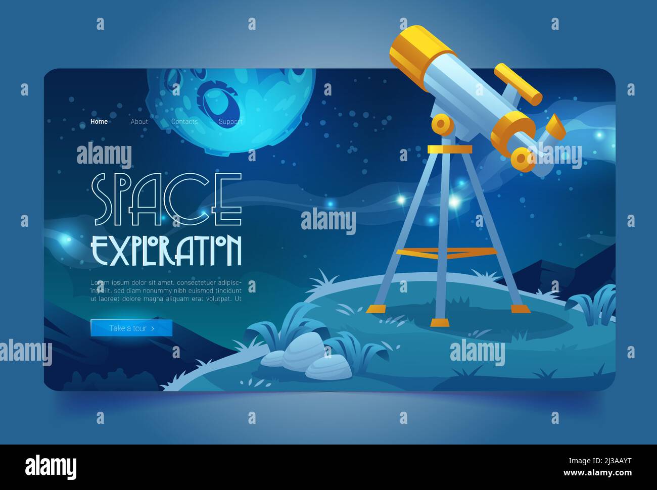Space exploration banner with telescope on hill. Concept of science ...