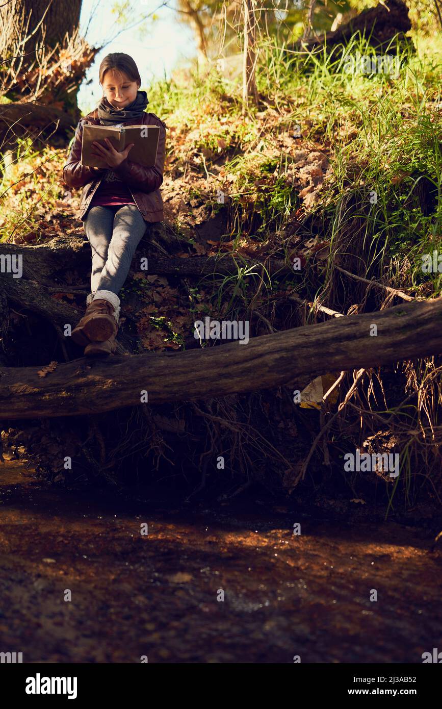 Its her favourite place to read. Shot of a young girl reading a book ...