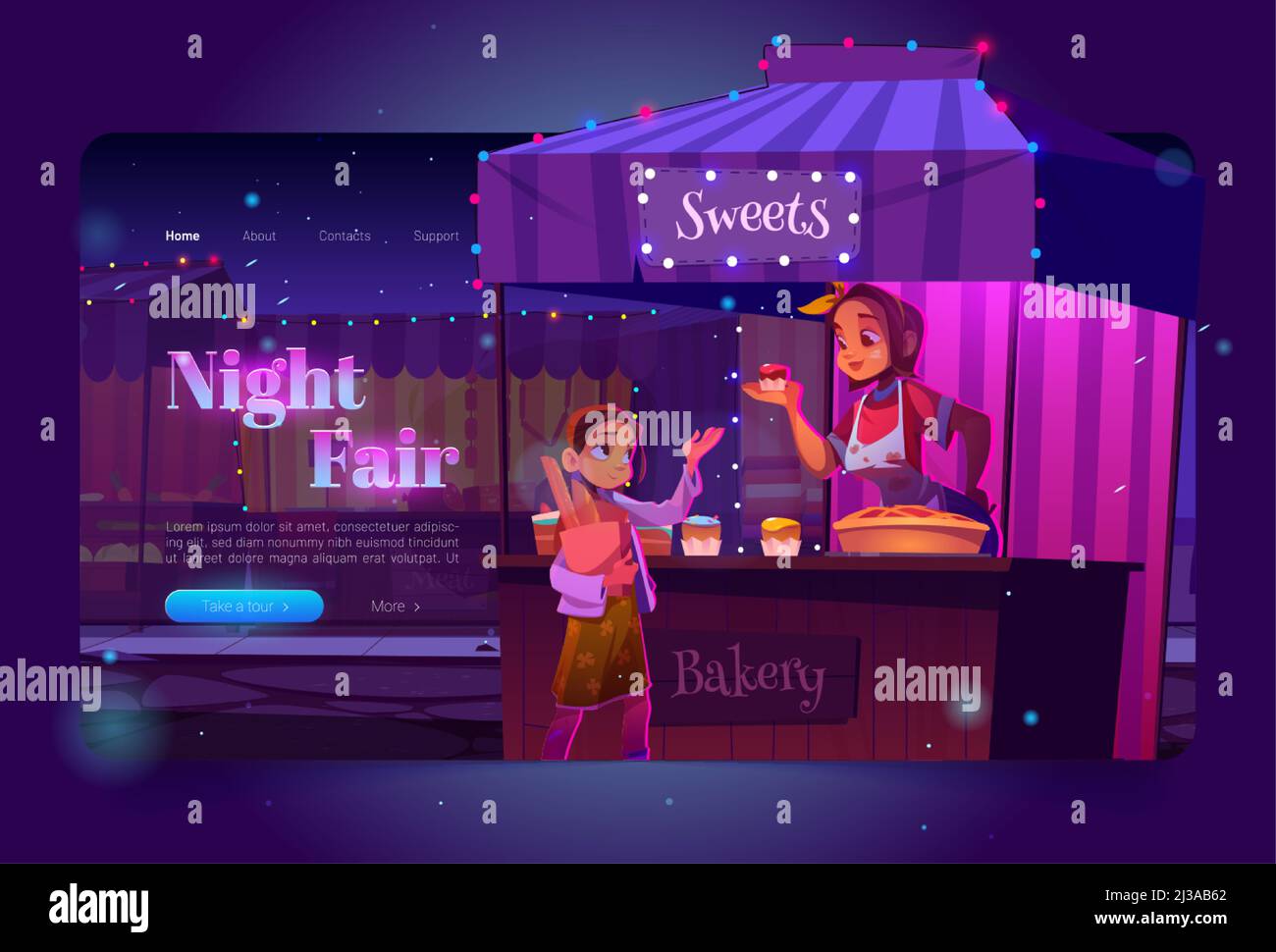 Night fair banner with food market on street and girl buying sweets ...