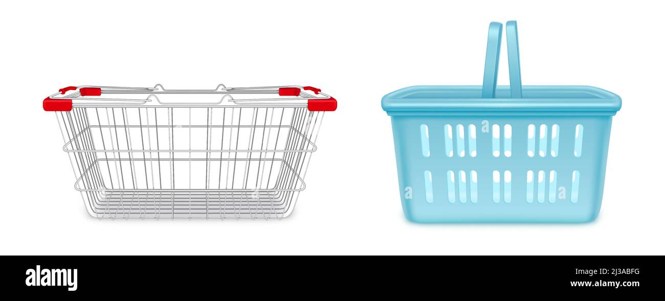 Shopping baskets, empty supermarket metal and plastic carts with ...
