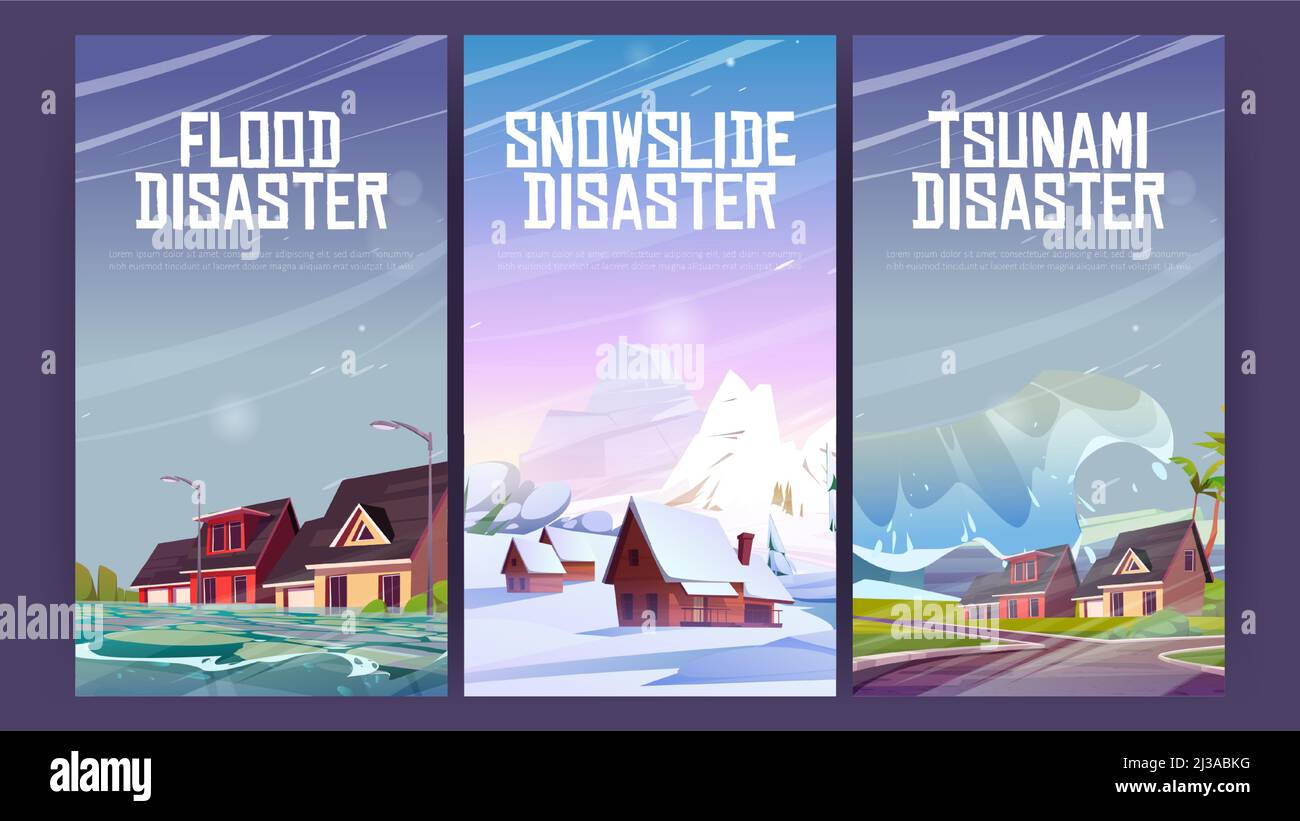 Natural disasters flood, snowslide and tsunami cartoon posters. Nature ...