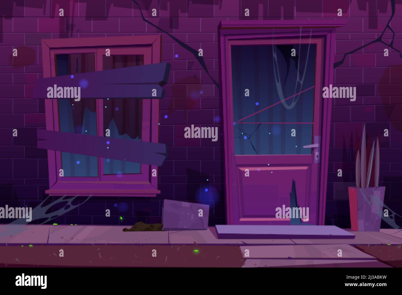 Old brick house facade with broken door and boarded up window at night. Vector cartoon ...
