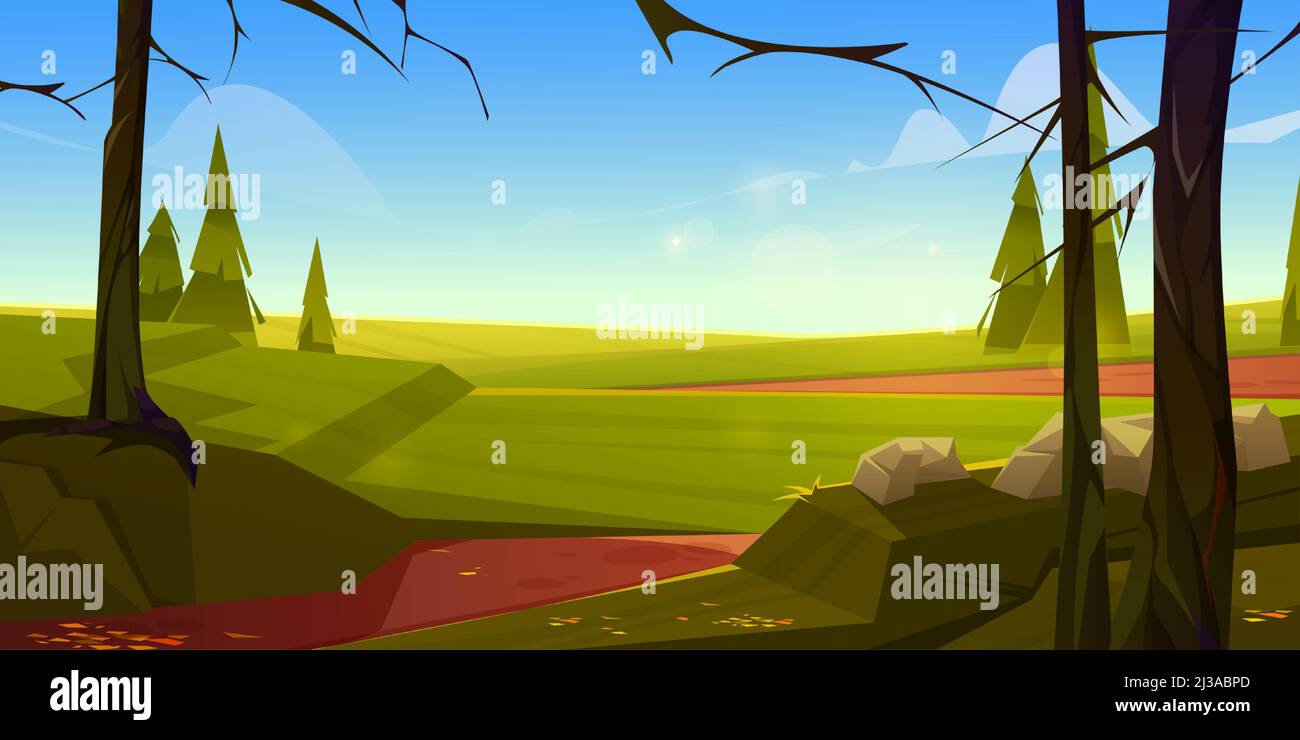 Cartoon nature landscape, rural dirt road going along green field with ...