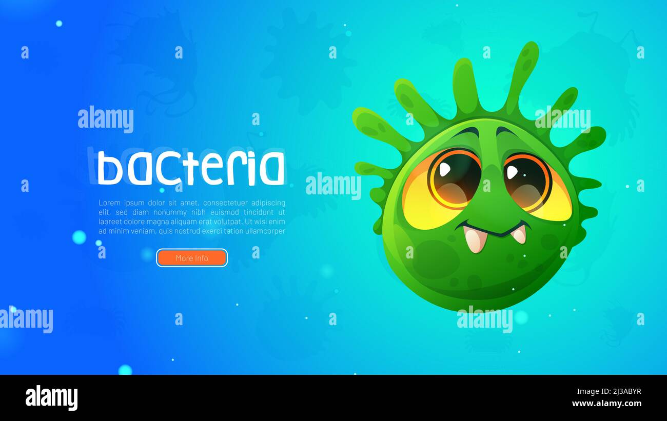Medical poster with bacteria character, funny round germ on blue ...