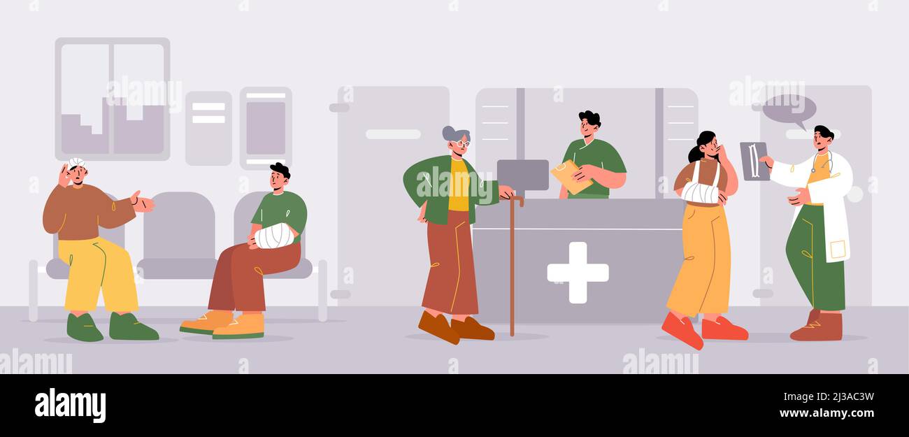 People in clinic hall, characters waiting in queue for medical ...