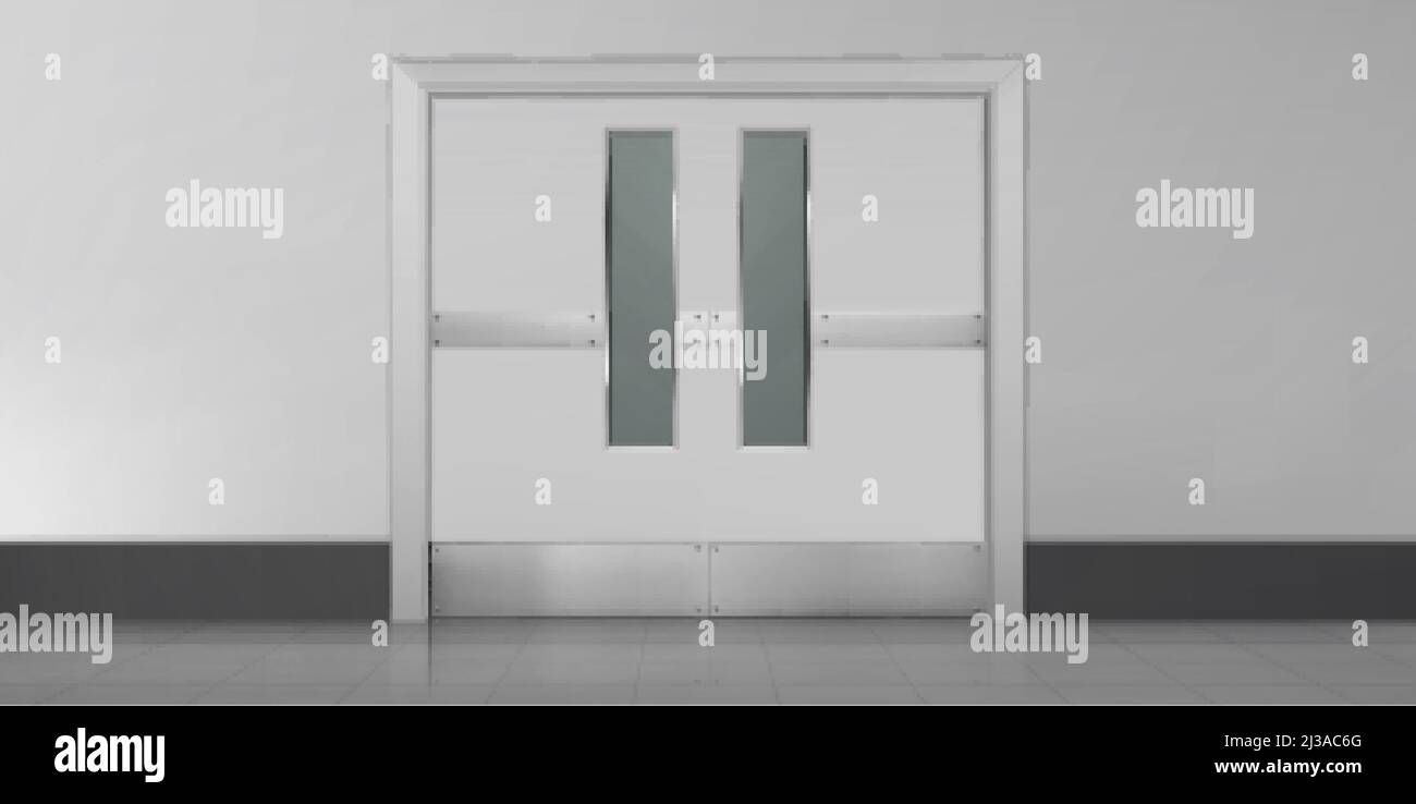 Doors in laboratory, kitchen, hospital or school corridor. Empty ...
