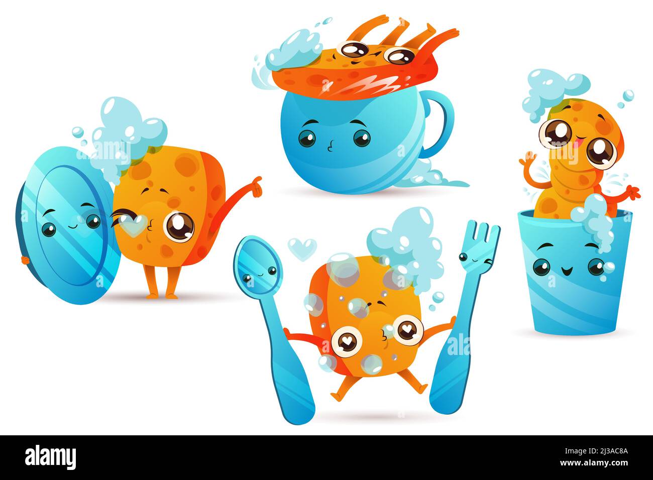 Cleaning sponge with dishes, cute cartoon mascot with funny face and ...