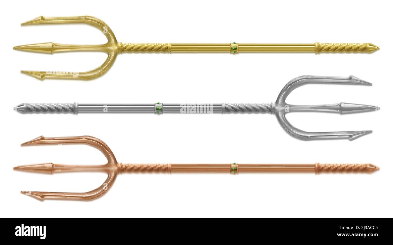 Gold, silver and bronze trident, devil pitchfork with emeralds isolated ...