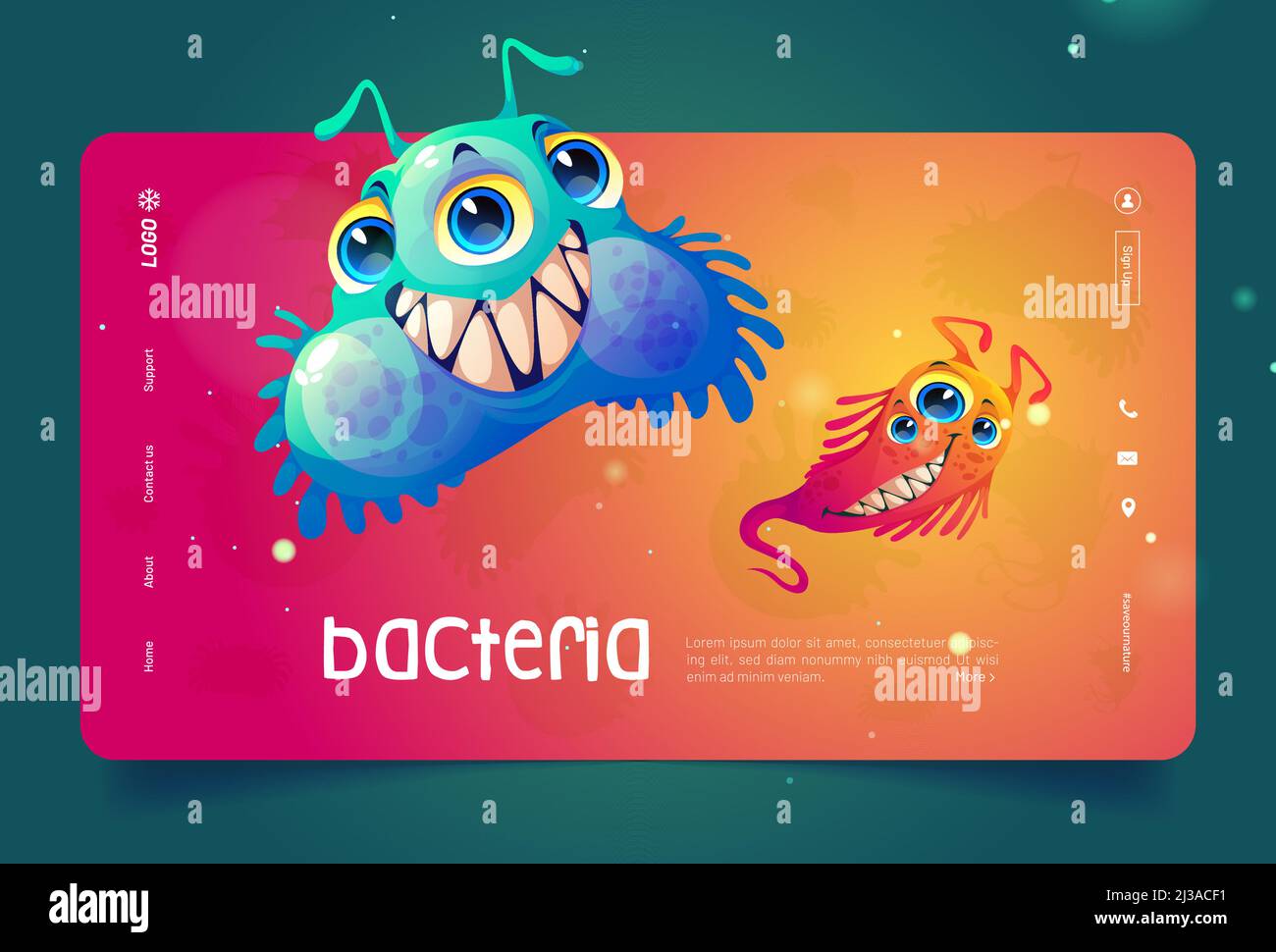 Bacteria cartoon landing page, cute virus or germ cells character with ...