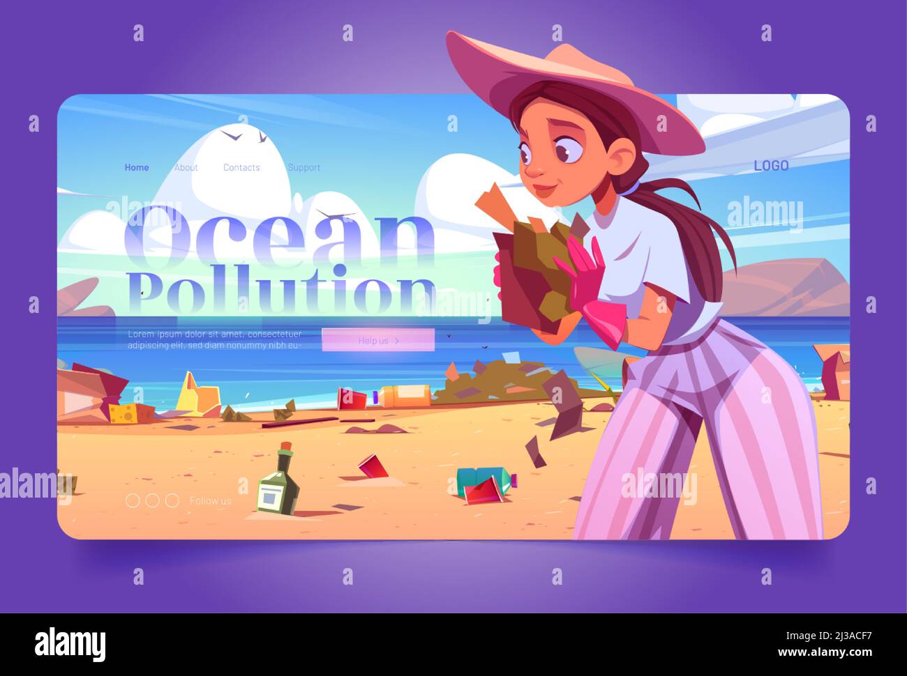 Volunteering website about ocean pollution with woman collects trash on ...