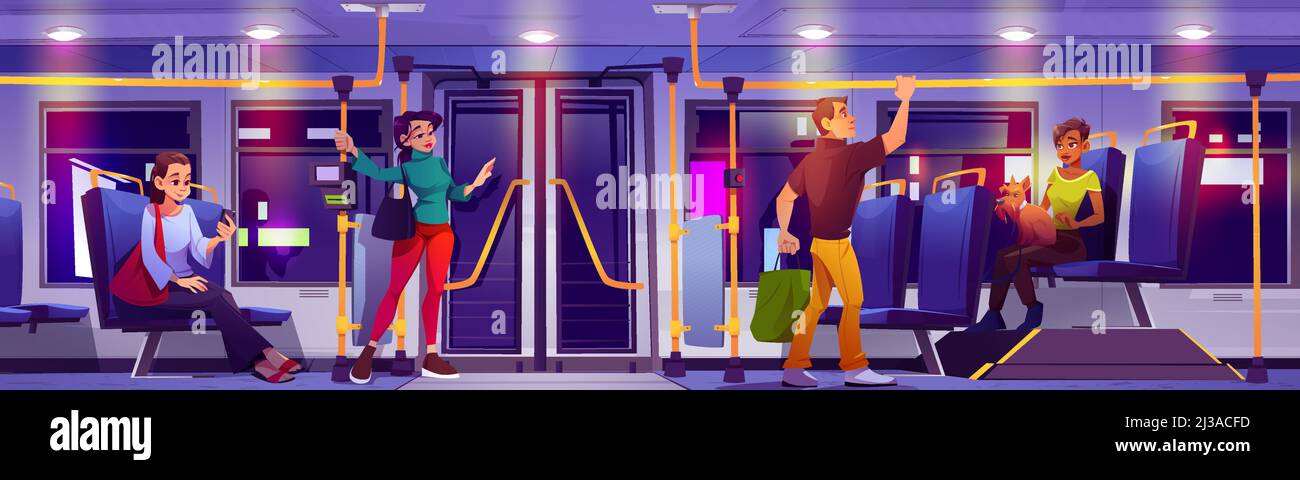 People ride in city bus at night. Vector cartoon illustration of ...