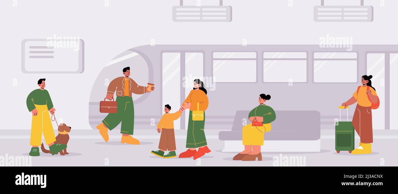 People at subway platform with train at metro station. Passengers stand ...