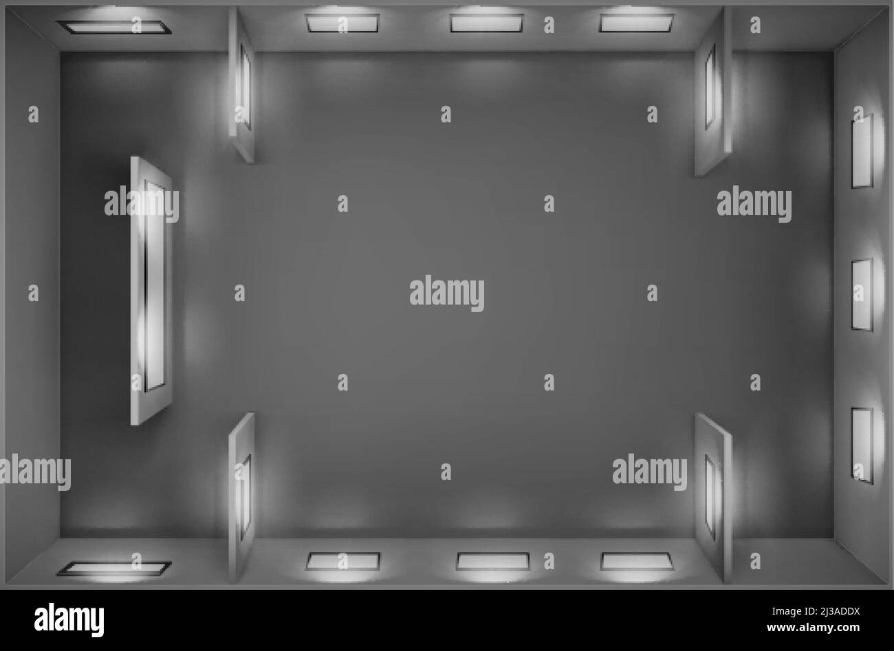 Top view of empty gallery with blank picture frames illuminated by ...