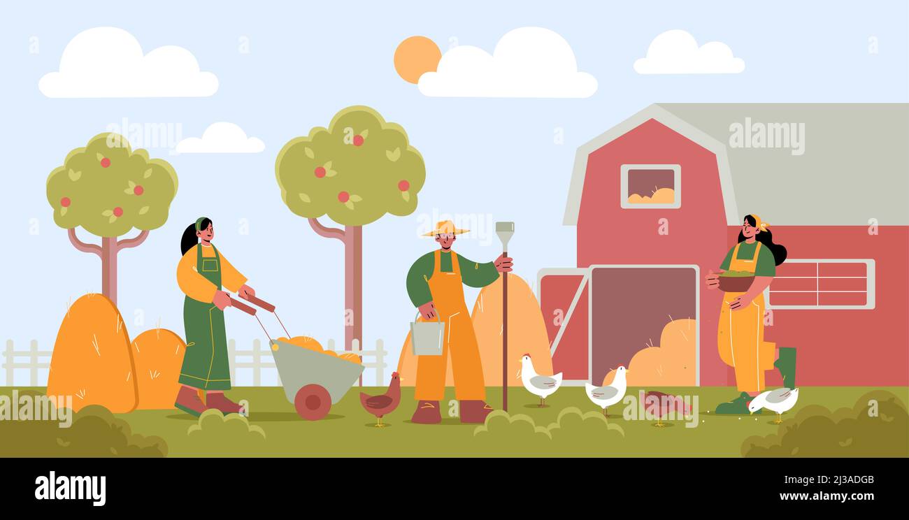 Farmers working on farm with barn, characters gardening, care of plants ...