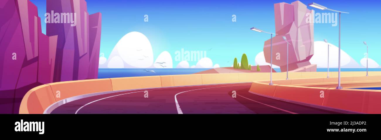 Car overpass road on sea shore with mountains and green bushes. Vector ...