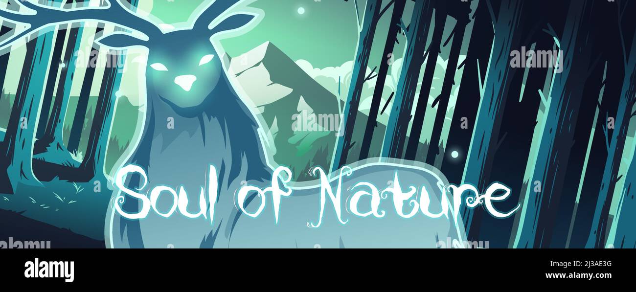 Soul of nature cartoon banner, magic deer in night forest, mystical ...