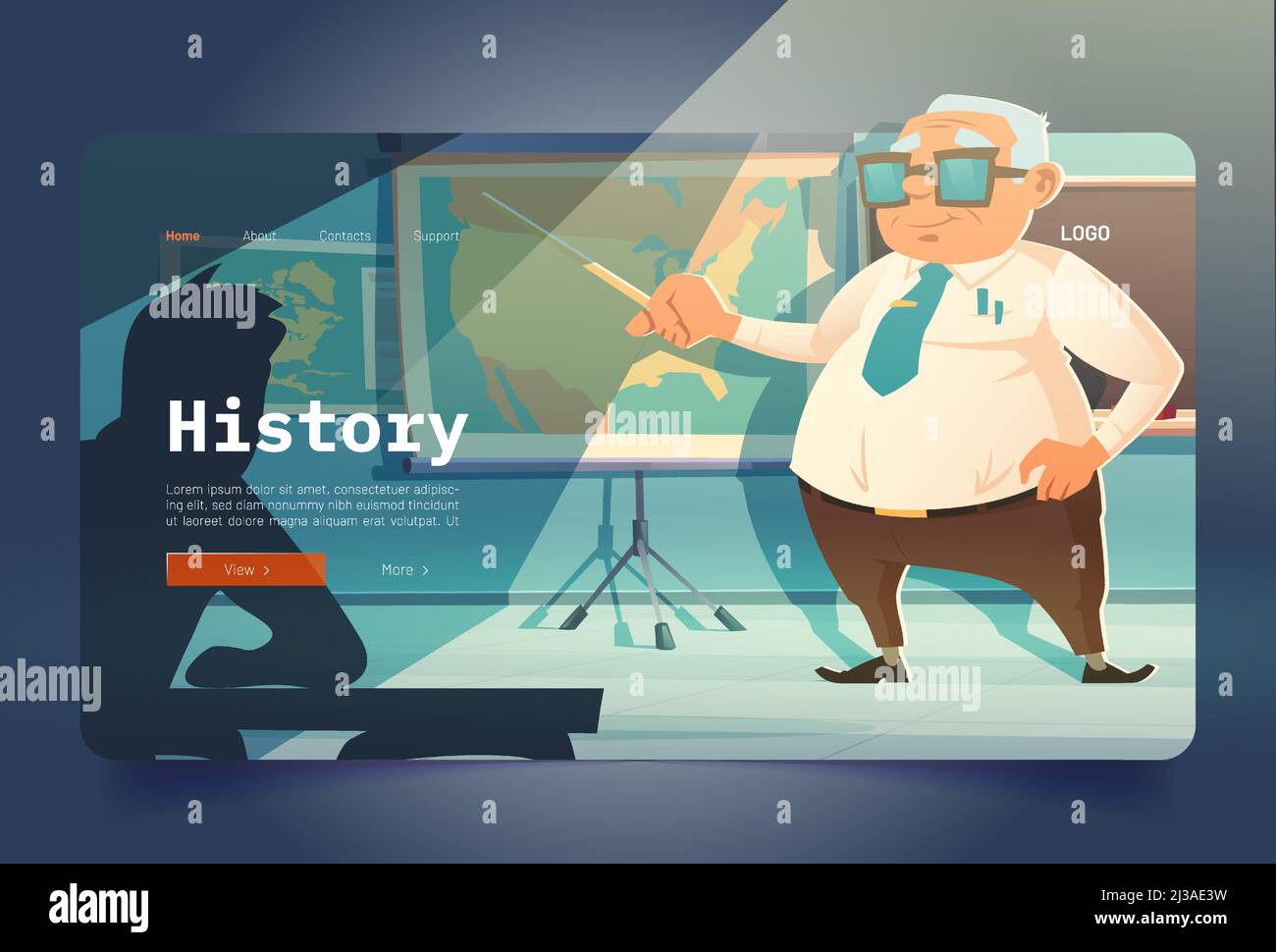 History learning banner with teacher and children in school classroom ...