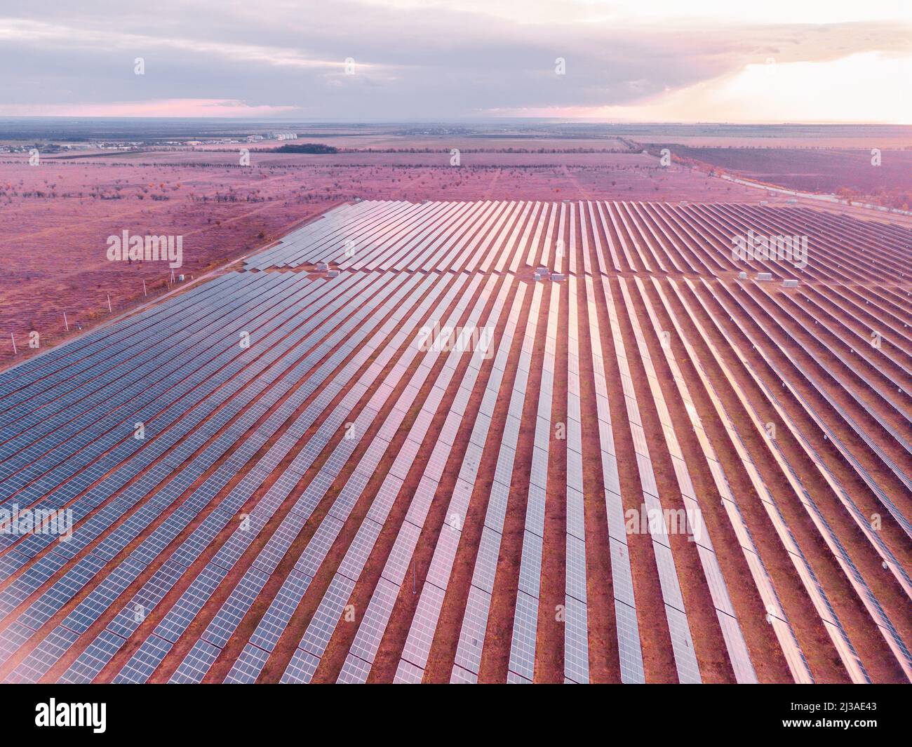 Aerial top view of a solar panels power plant. Photovoltaic solar ...