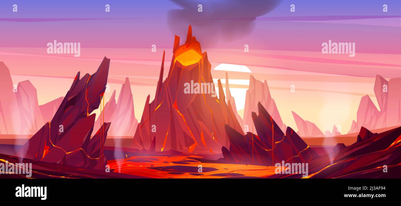 Volcanic eruption illustration. Volcano erupts with hot lava, fire and ...