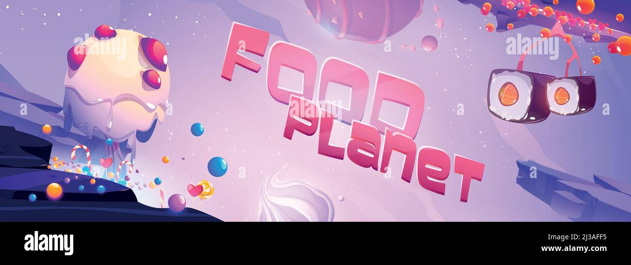 Food planet poster with fantasy landscape with sushi and candy trees ...