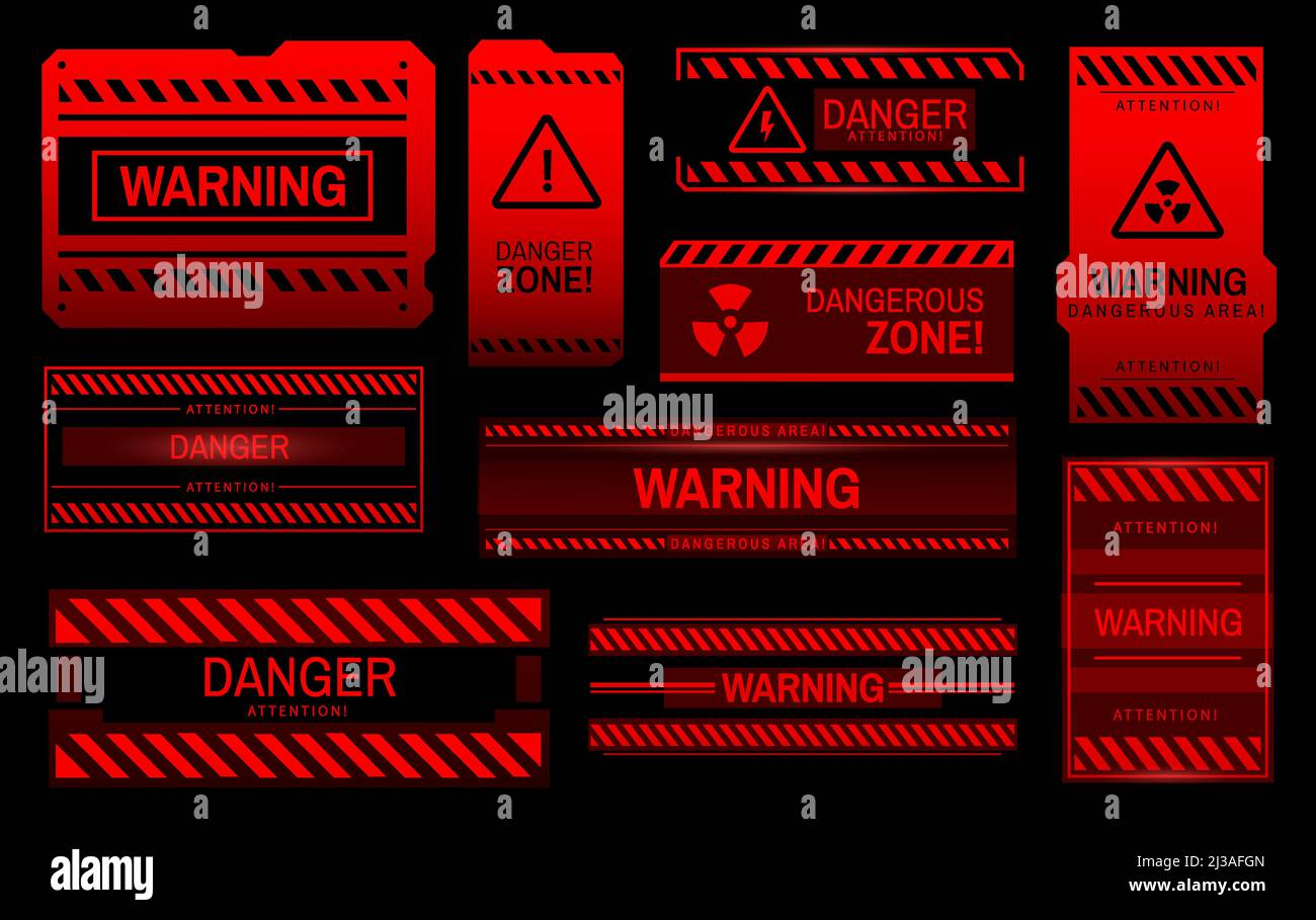 Warning, attention, alert, caution and dangerous zone red signs. Vector ...