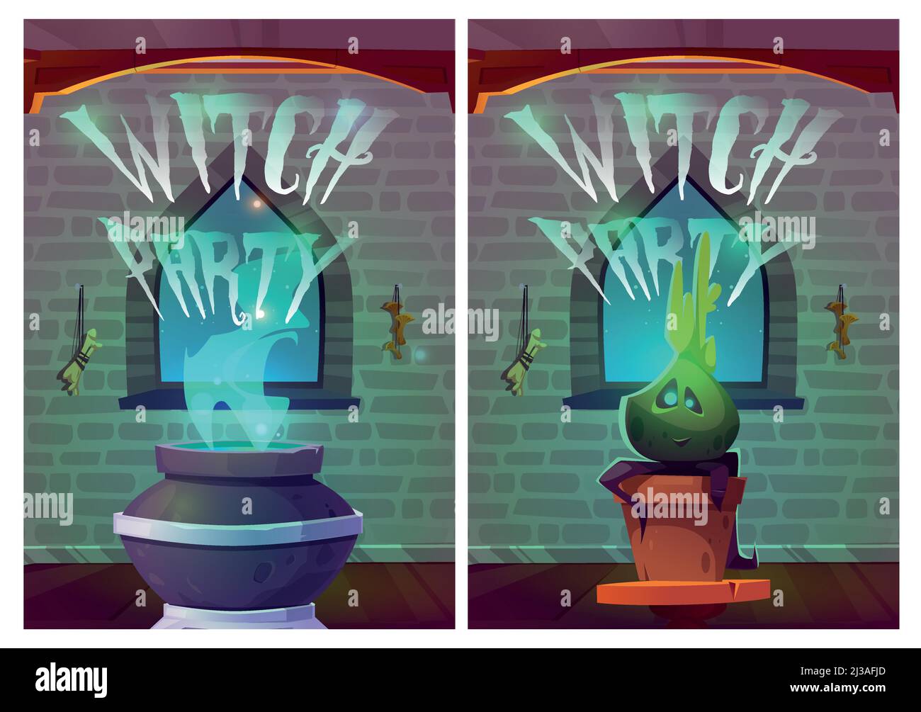 Witch party cartoon posters, invitation for Halloween holiday ...