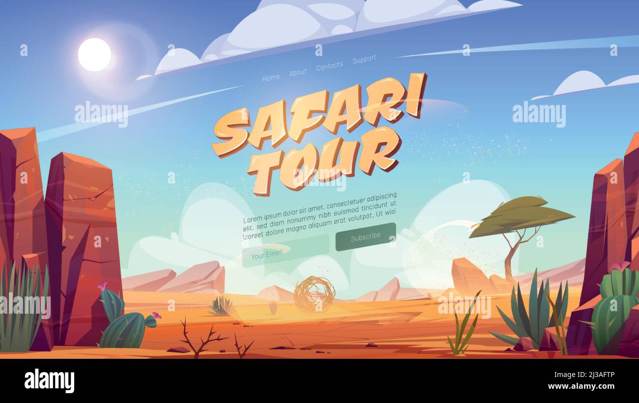 Safari tour cartoon landing page, Africa travel adventure, desert with ...