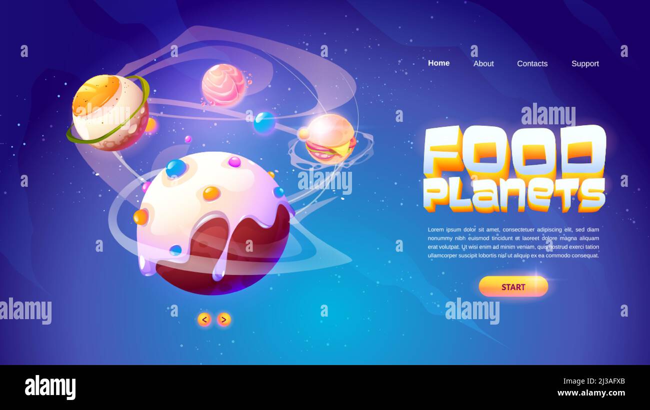 Food planets banner of space arcade game. Fantasy planets with fried ...