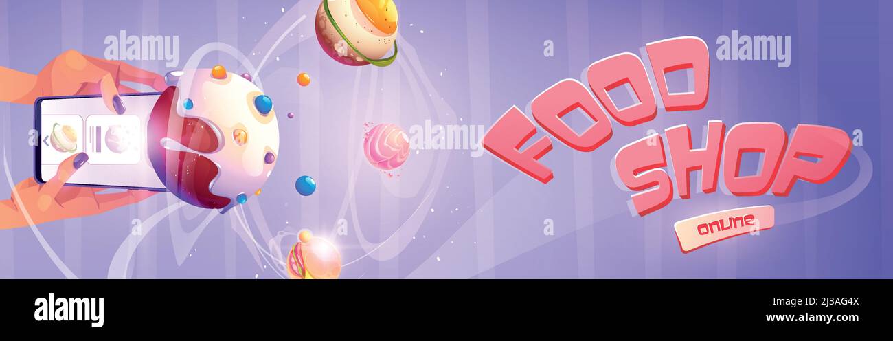 Food shop cartoon banner, online application for ordering meals, hands ...