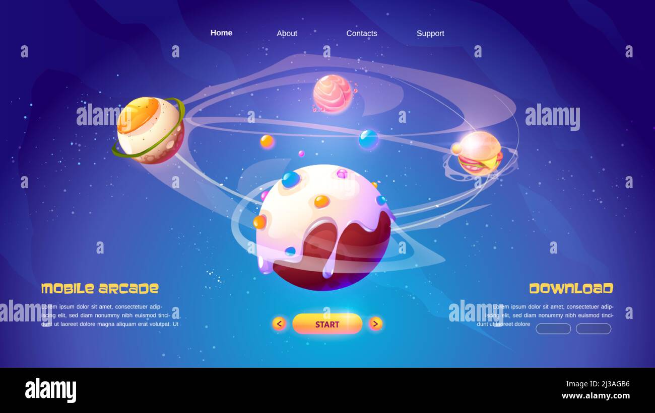 Mobile arcade food planets adventure game, cartoon landing page with ...